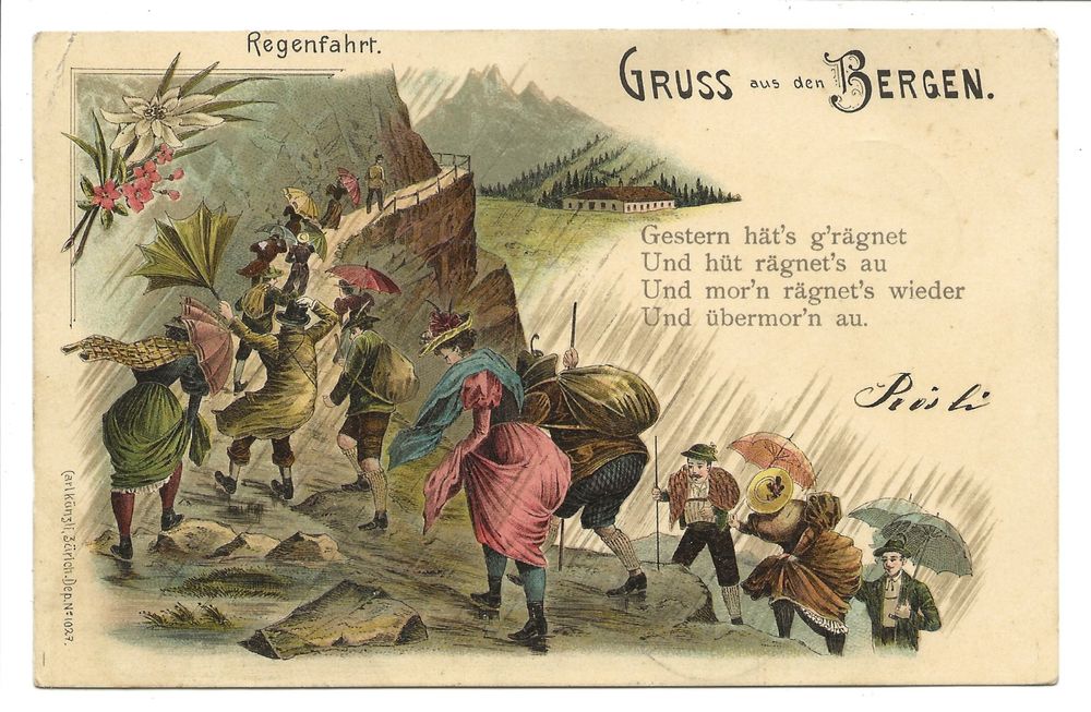 Gruss aus den Bergen - Regenfahrt - Spruch - Litho - 1898 ! | Acheter sur Ricardo