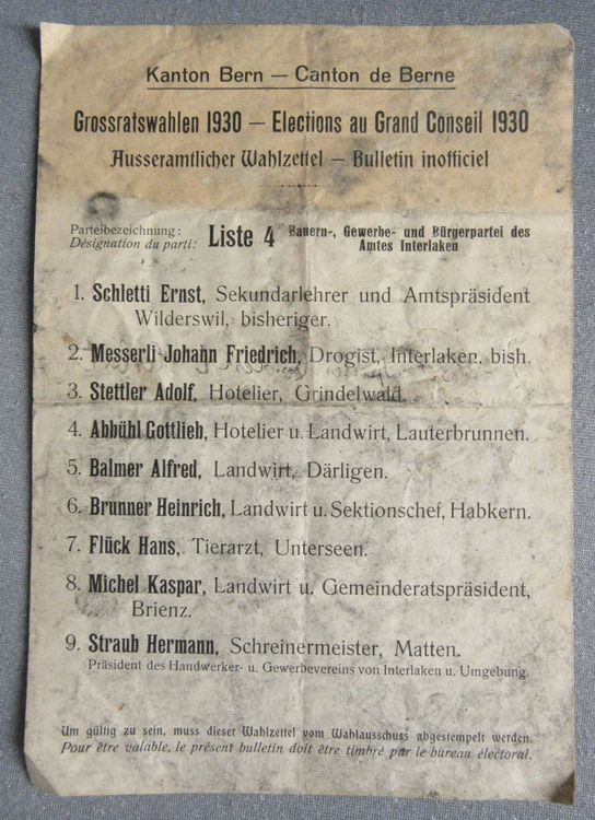 Wahlzettel Grossratswahlen 1930 Kanton Bern - ab CHF 1.00 (Gebraucht) in Auenstein für CHF 1 ...