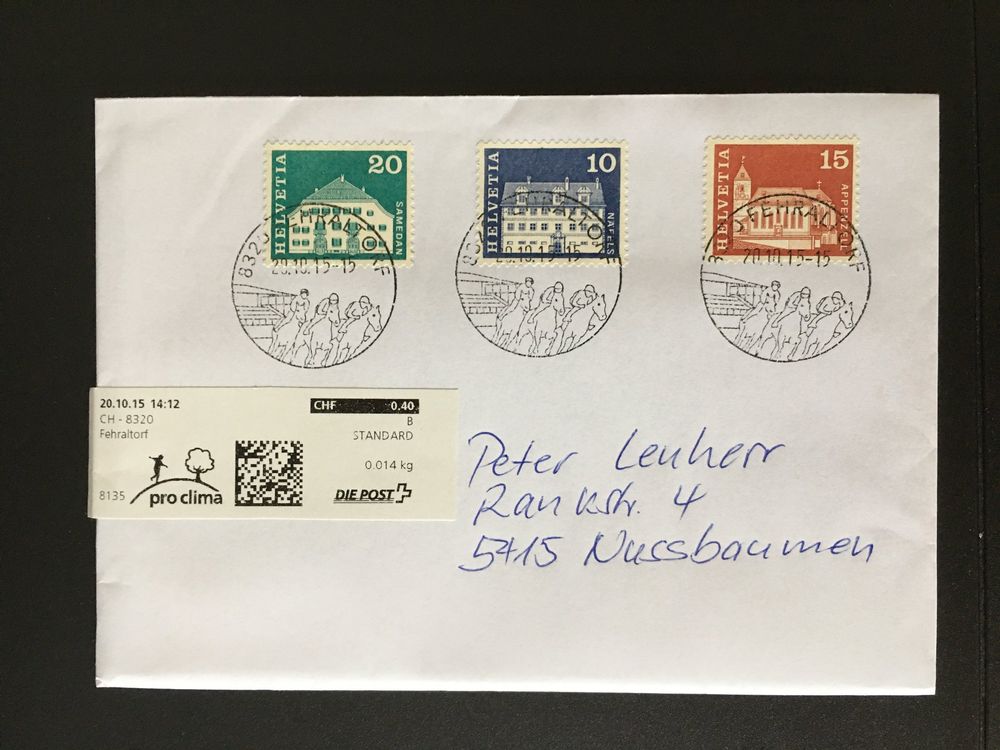 Schnapsbrief 20.10.15 mit 20er 10er 15er Dauermarken unikat (Gebraucht) in Niederrohrdorf für ...