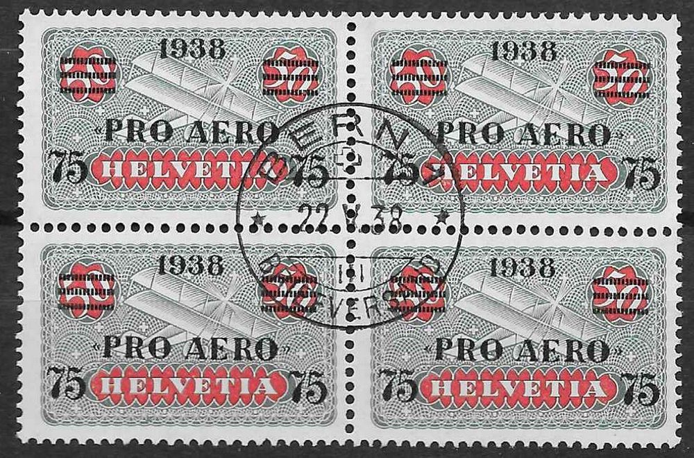 1938: Flugpost Pro Aero Viererblock Nr.F26 Bern (Gebraucht) in Walperswil für CHF 3 – mit ...