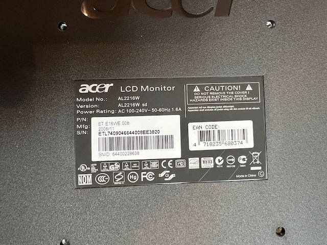 Für Nerds und Sammler: Acer LCD Monitor AL2216W 22'' (2006) (Gebraucht ...