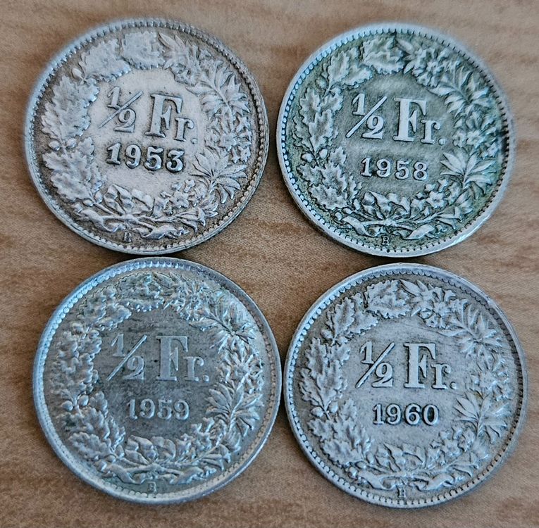 4 Stk. Silbermünzen Helvetia 1/2 Fr. 1953/58/59/60 (Gebraucht) in Möriken AG für CHF 6 – mit ...