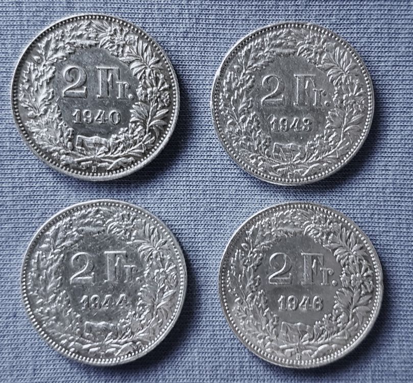 4x 2 Fr schöne Silbermünzen 1940-1943-1944-1946 ab 1 Fr !!! (Gebraucht) in Camignolo für CHF 22 ...