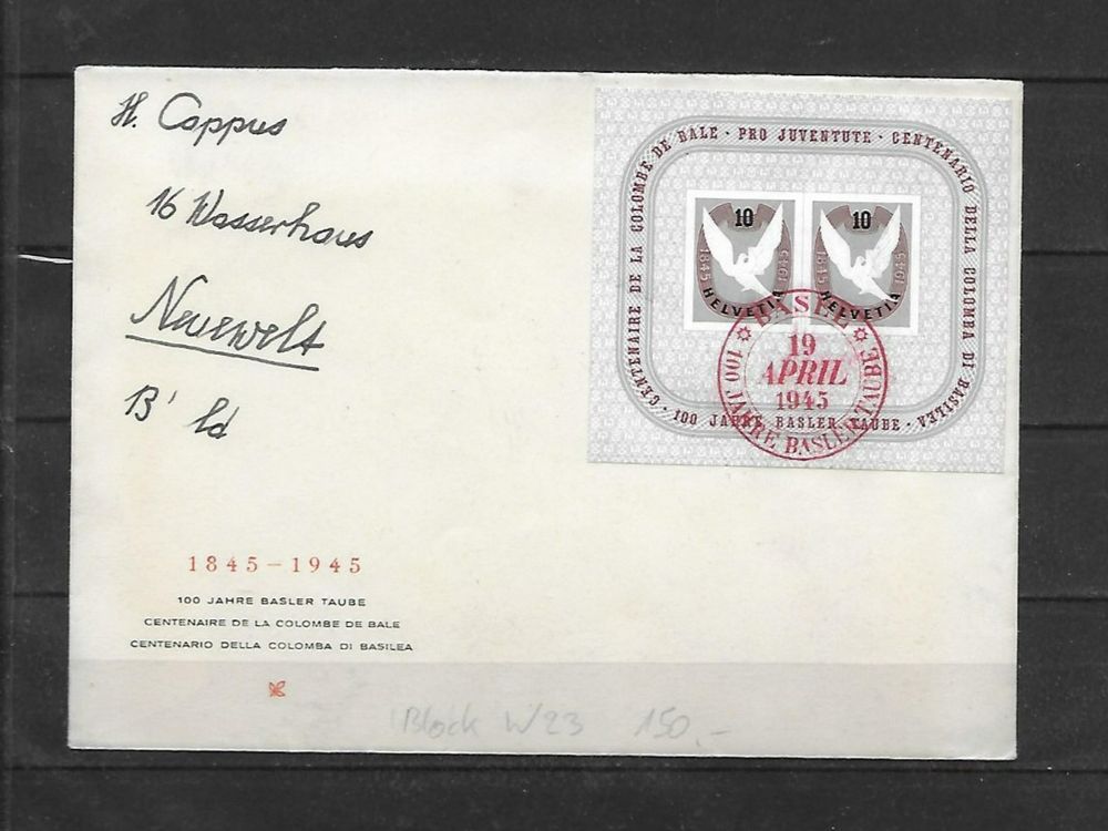 Block 1945 auf Brief. Kat: CHF 150.- (Gebraucht) in Basel für CHF 8 – mit Lieferung auf Ricardo ...