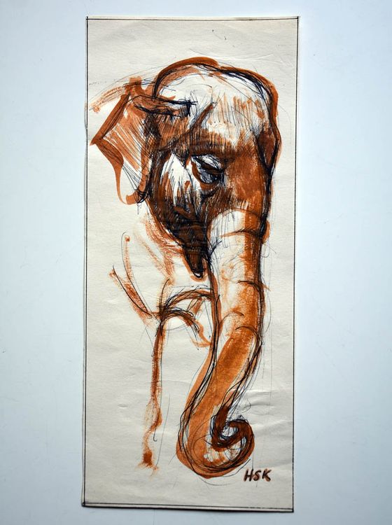 HANS KRÜSI (attr.) – Elefantenkopf, Aquarell über Feder (Gebraucht) in ...