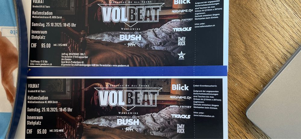 2 Stehplatz Tickets für Volbeat in Zürich (Neu (gemäss Beschreibung ...