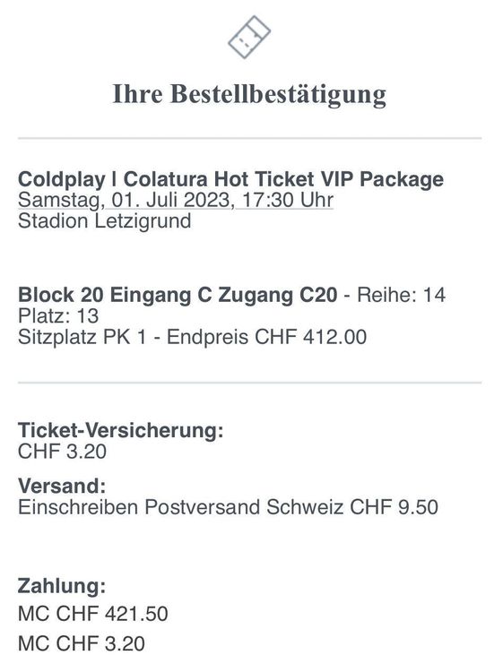 2x Coldplay Colatura Hot Ticket VIP Package | Kaufen auf Ricardo