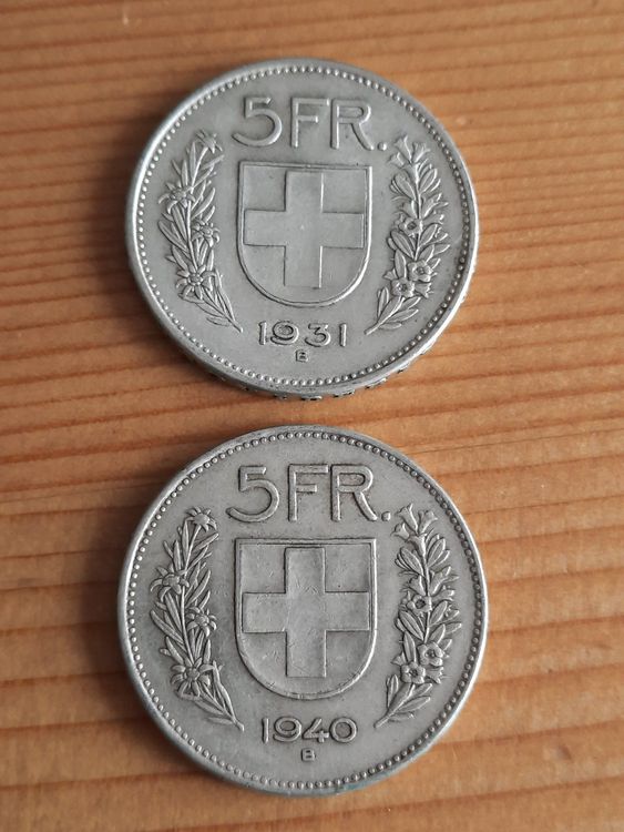 CH-2 x 5 Franken Silber 1931+1940 Zustand gem. Bilder (Gebraucht) in Oberuzwil für CHF 32 – mit ...