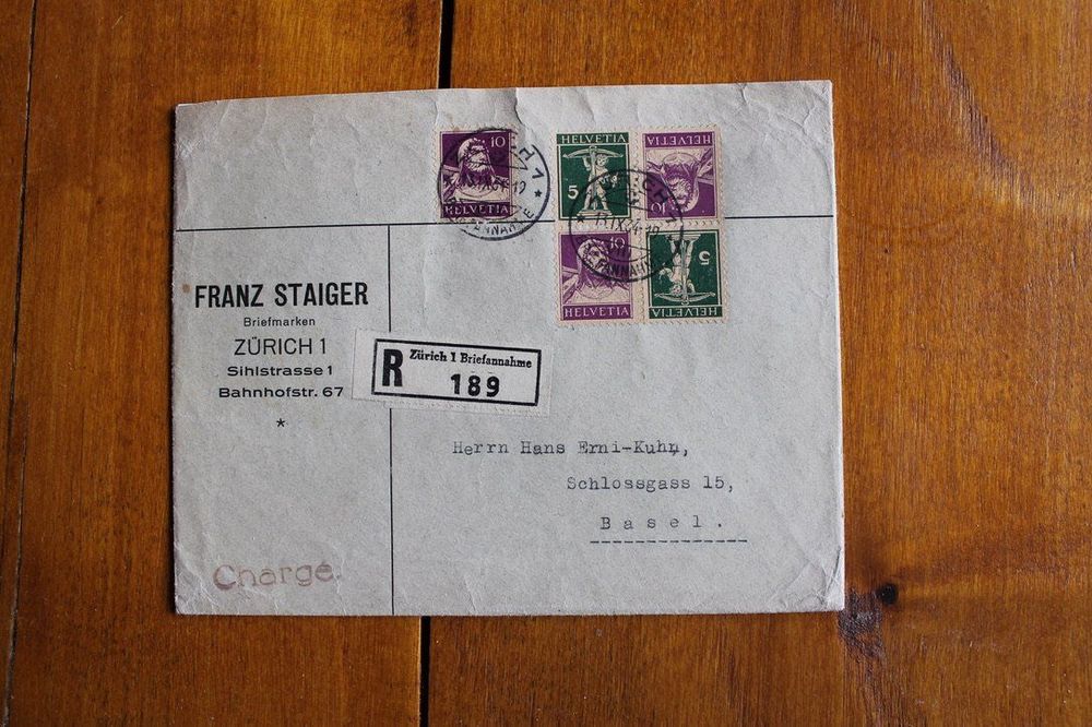 1934 Franz Staiger Briefmarken Zürich, Kehrdruck-R-Brief (Gebraucht) in ...