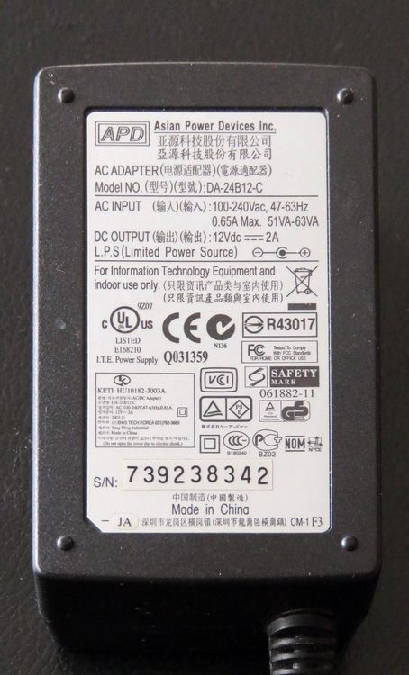 APD DA-24B12C Netzteil: 12 V/ 2A; 5,5/2,5mm, für viele HD's (Neu ...