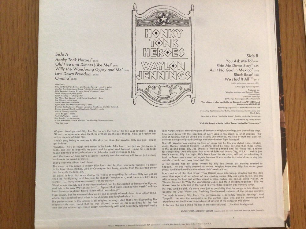 WAYLON JENNINGS, Honky Tonk Heroes, Lp, 1973 USA 50 Jährig!! (Gebraucht ...