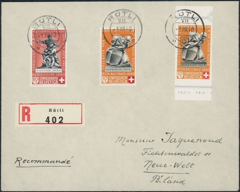 1940 - Pro Patria - Blockausschnitte - R Brief - 1. August (Gebraucht) in Schindellegi für CHF ...