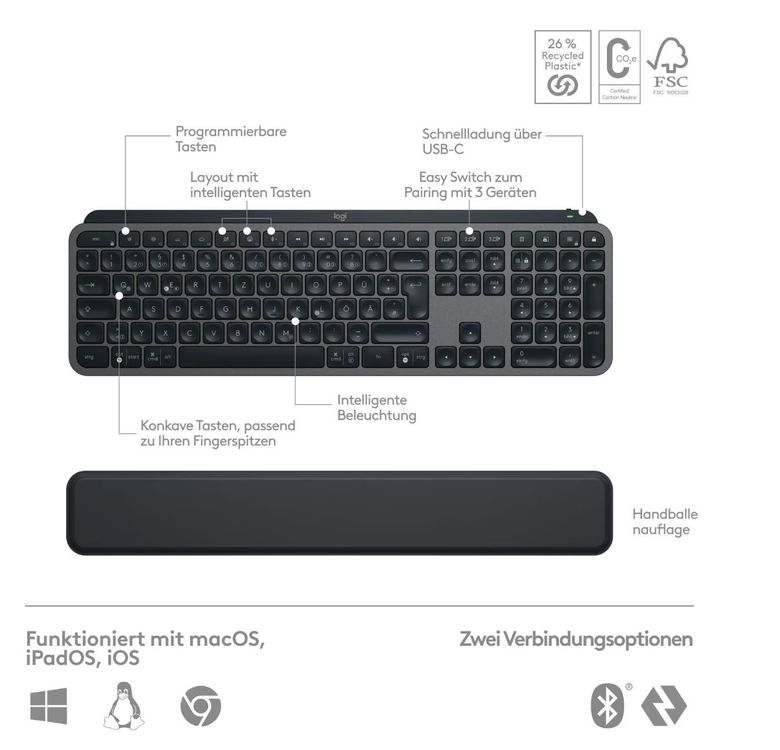 Logitech Tastatur MX Keys S Plus CH-Layout mit Handauflage | Kaufen auf ...