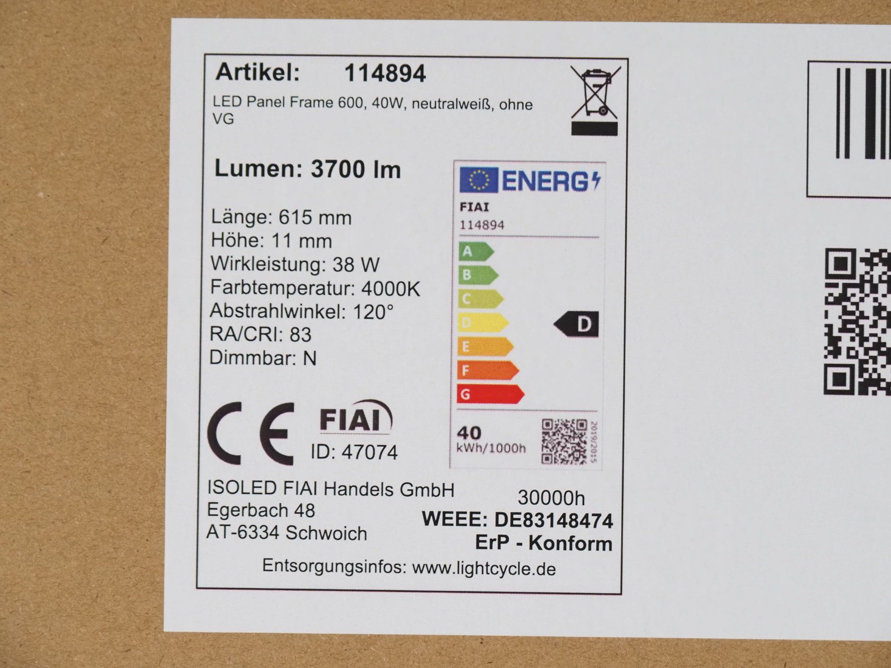 10x ISOLED LED Panel Frame 600, 40W neutralweiss (26012014PL (Neu ...