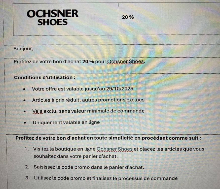 Code rabais de 20% ochsner shoes - online (D'occasion) à Corminboeuf ...