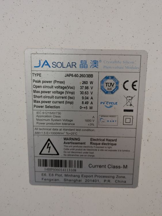 Solarmodul Ja Solar 260W JAP6-60-260/3BB (Gebraucht) in Amlikon-Bissegg ...