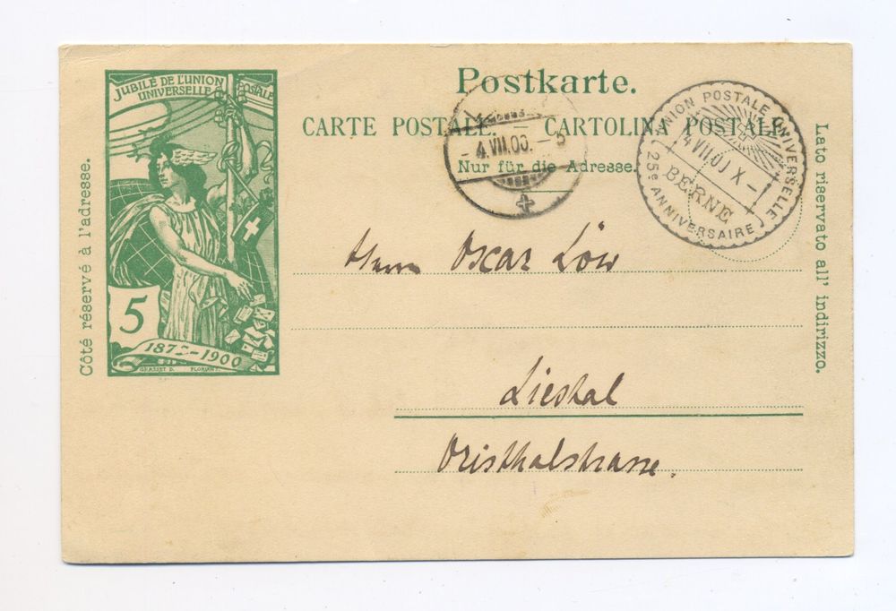 CH, 1900, 5 Rp. GS Karte SoStpl. 25 Jahre UPU (Gebraucht) in Basel für CHF 10 – mit Lieferung ...