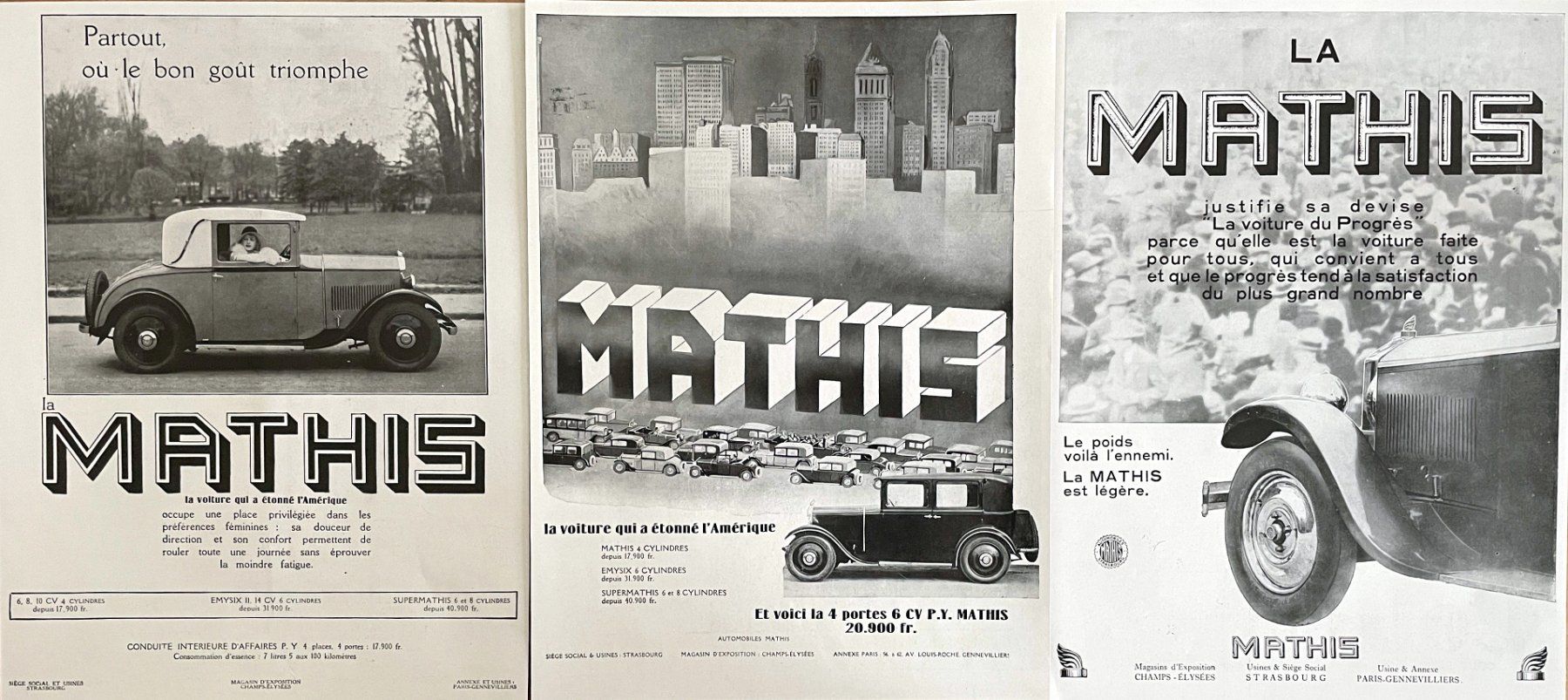 Mathis Cars - 3 Alte Werbungen / Anciennes publicités 1930 (Gebraucht ...