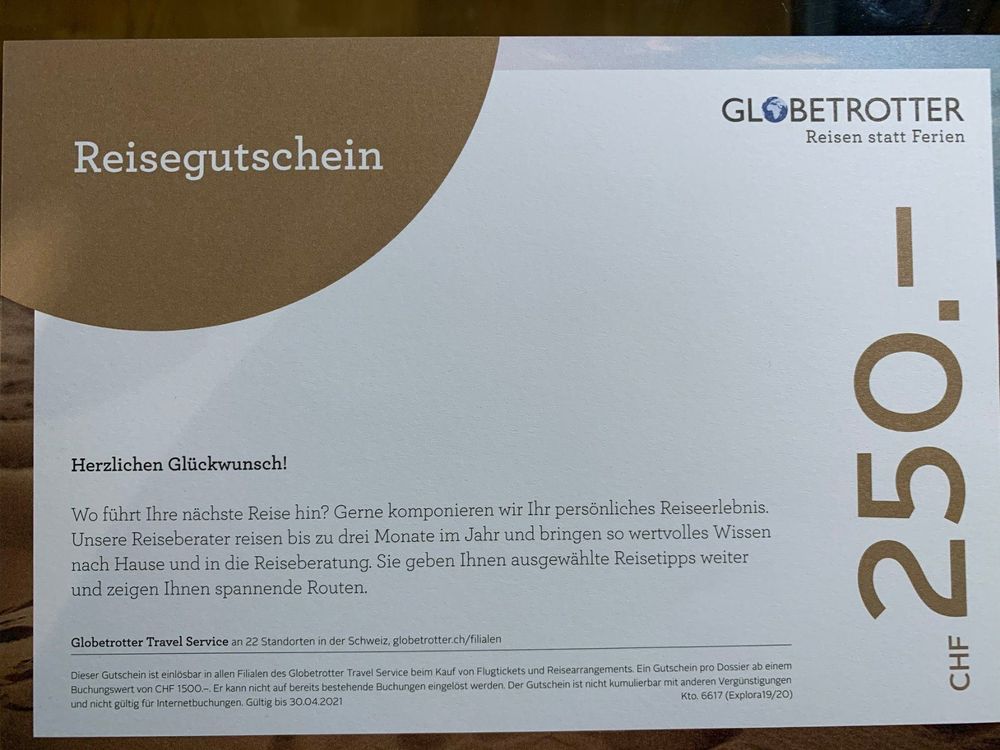 Globetrotter Gutschein CHF 250.- | Kaufen auf Ricardo