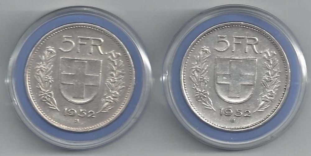 2 Schweizer Silber 5 Franken-Münzen 1952 | Kaufen auf Ricardo