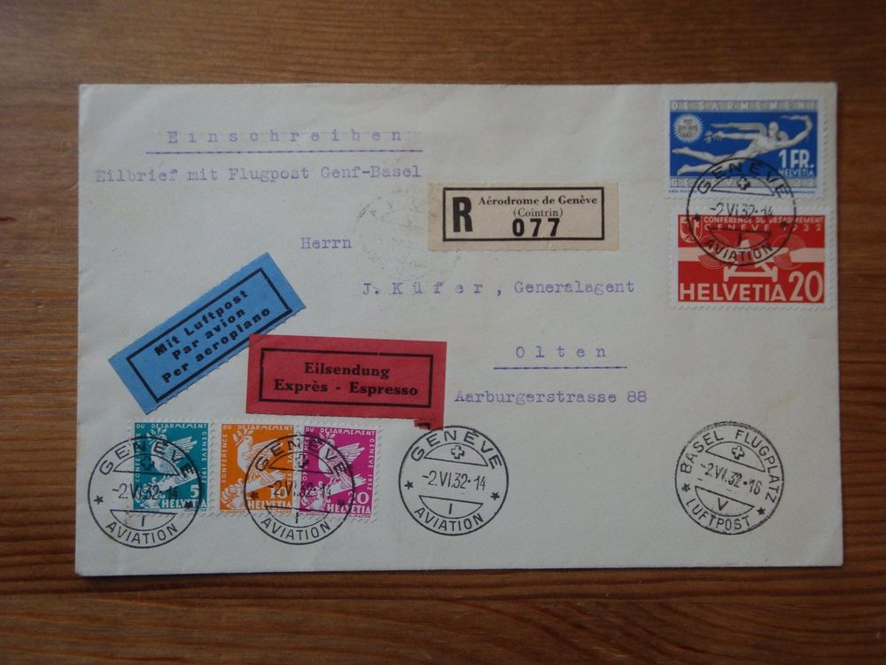 Eilbrief mit Flugpost, Genf Basel 1932 | Kaufen auf Ricardo
