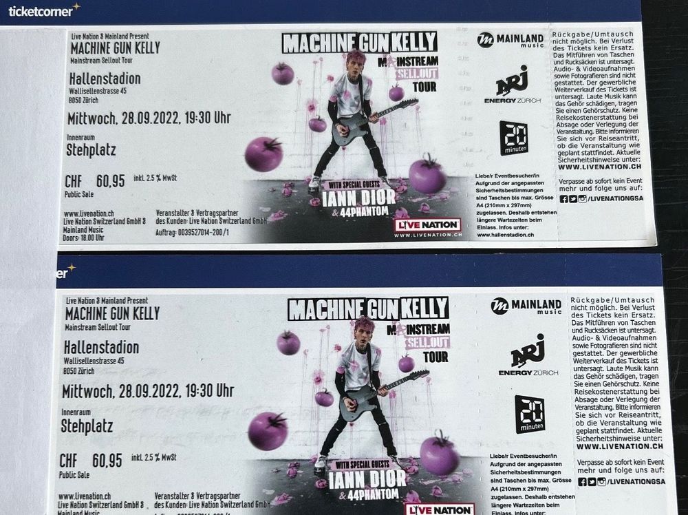 2x Machine Gun Kelly Tickets; Hallenstadion Zürich | Kaufen auf Ricardo
