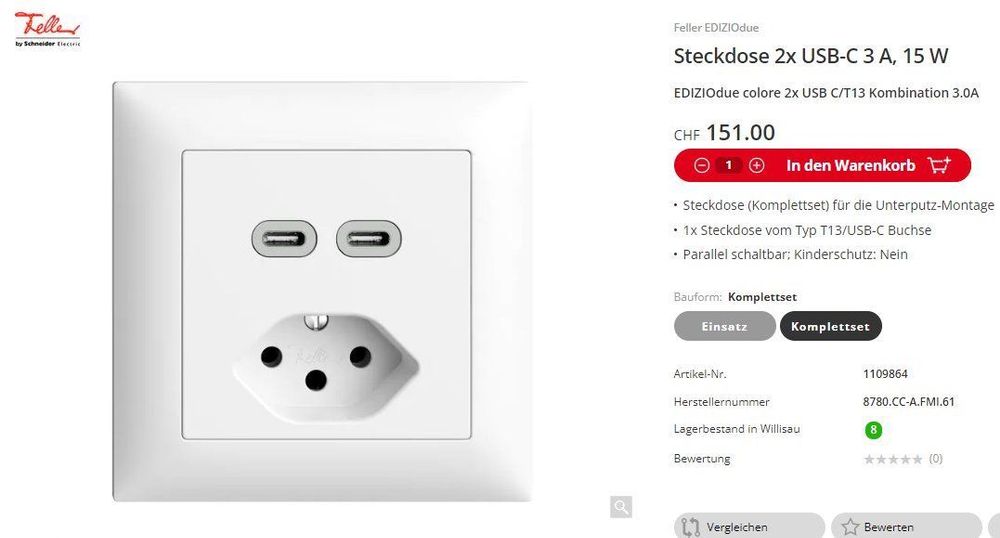 USB Steckdose 2x Typ C/ T13 Kombination Feller edizio due | Acheter sur ...