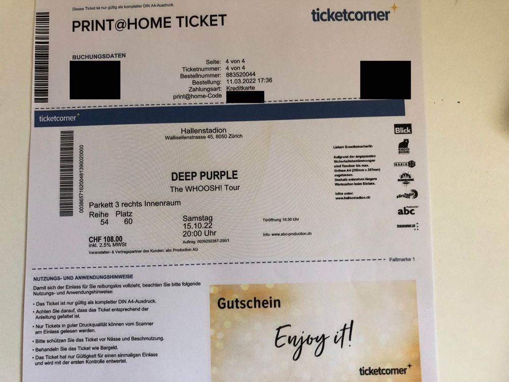 2 Deep Purple Tickets 15.10.2022 | Acheter sur Ricardo