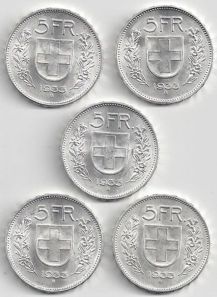 5 schöne Schweizer Silber 5 Franken-Münzen alle von 1933 | Kaufen auf Ricardo